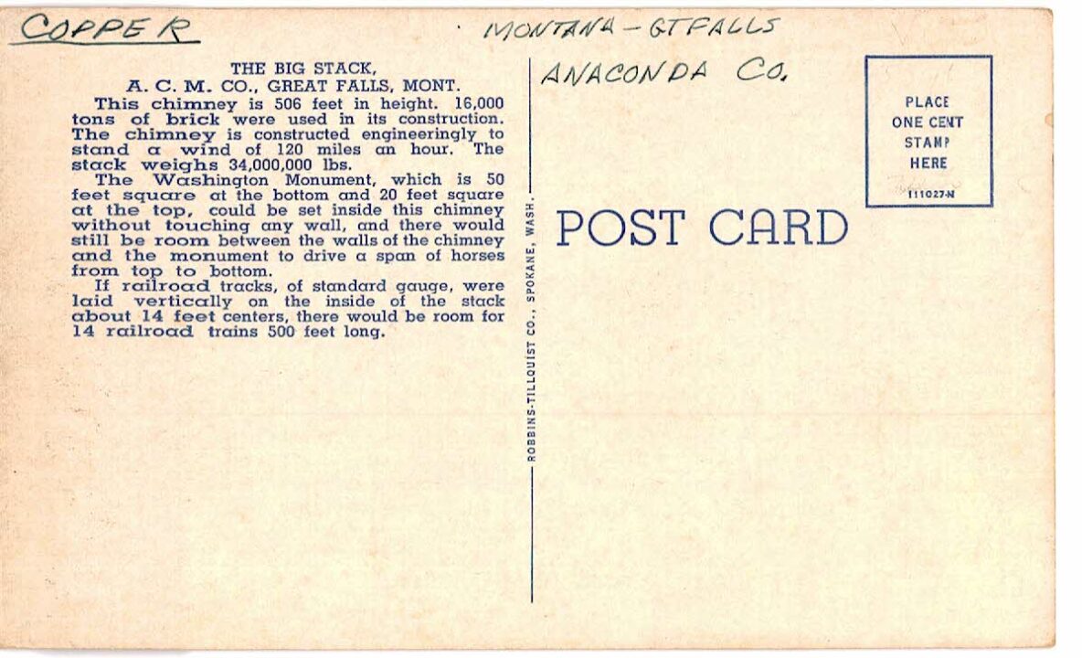 Linen postcard. Big Stack, Anaconda Copper Mining Co, Great Falls ...