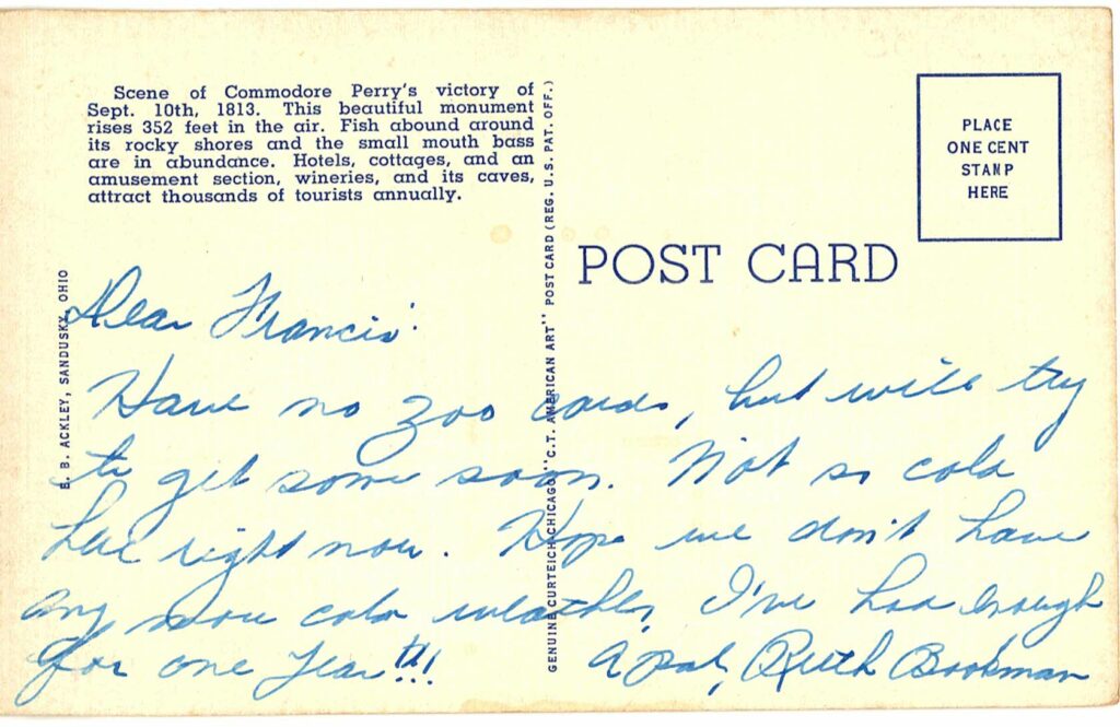 Linen postcard. Perry’s Victory and International Peace Memorial ...