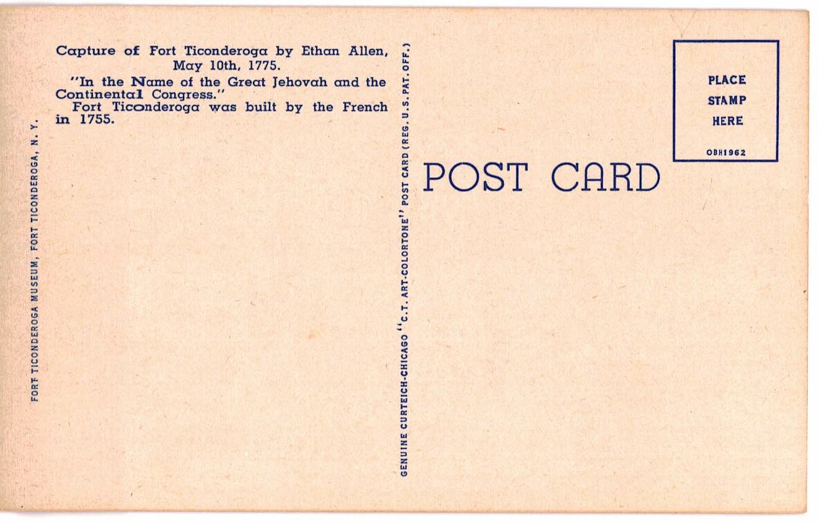 Linen postcard. Capture of Fort Ticonderoga by Ethan Allen, New York ...